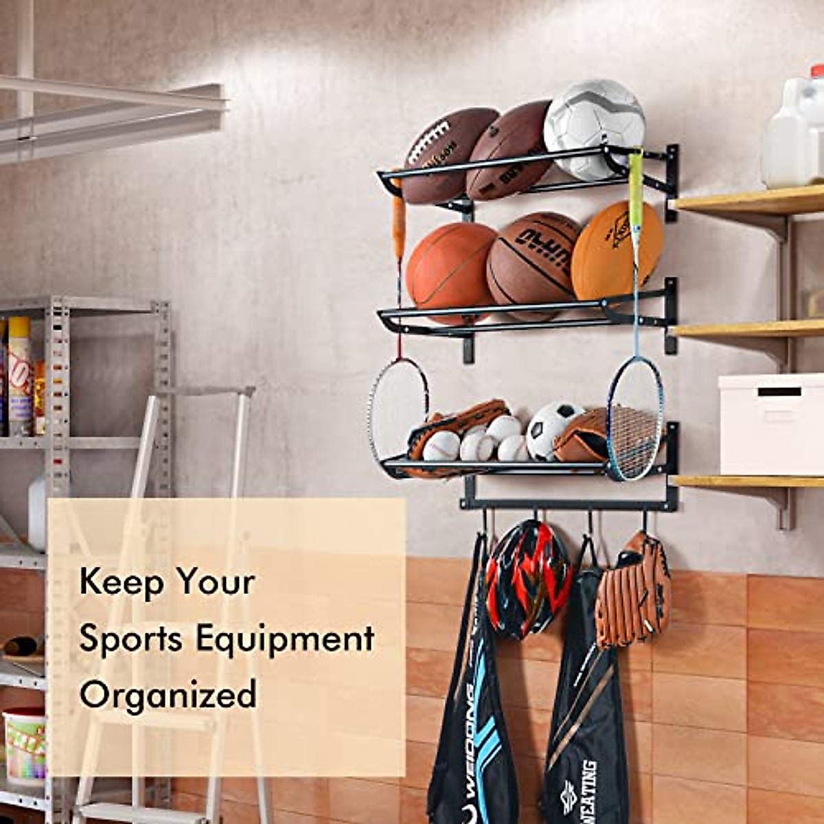 Sunix Garage Sports Equipment Storage, Basketball Rack with 3 Racks, Sports Equipment Organizer Wall Mount Shelf with 4 Hooks for Rackets, Sports Equipment Storage Rack, basketball Rack