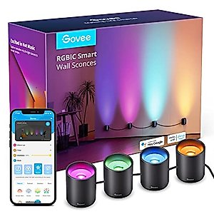 Govee RGBIC Smart Wall Sconces, Music Sync Home Decor WiFi Wall Lights Work with Alexa, Multicolor Wall Led Light for Party and Decor, 30+ Dynamic Scene Indoor Light Fixture for Living Room, Bedroom