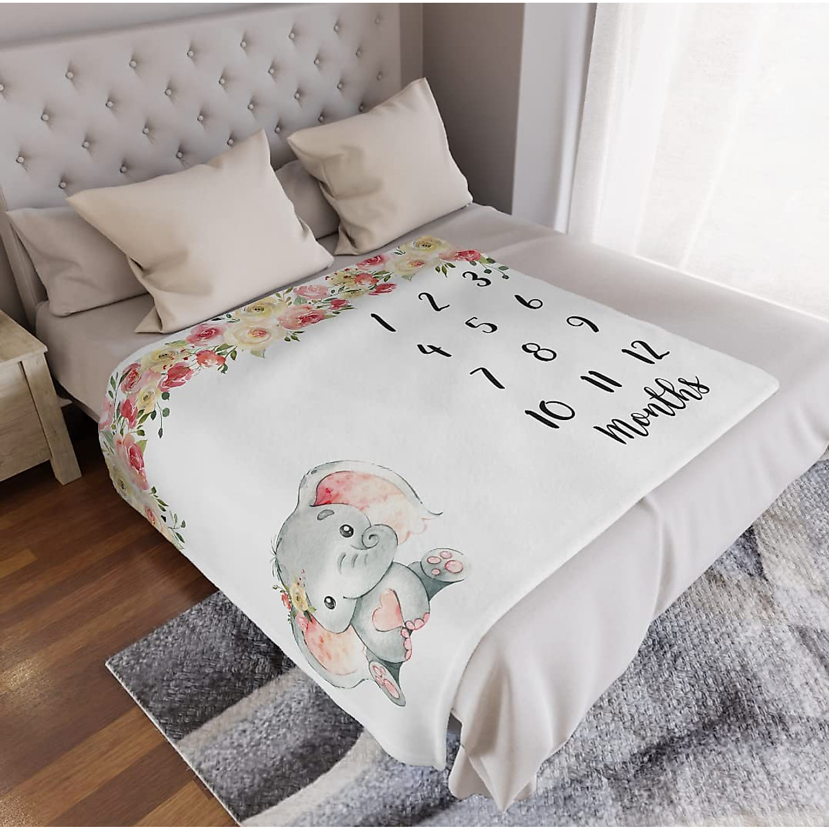 Elephant Baby Monthly Milestone Blanket with Head Bow, Floral Pink Newborn Month Blankets Girl, Track Months Photo Prop Growth Mat, Nursery Swaddling Wrap, Infant Photography (50"x40", Minky)