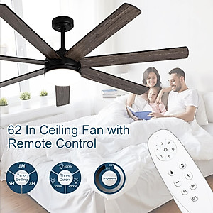 Viossn 62 Inch Outdoor Ceiling Fan with Lights, 7 Reversible Blades, Dimmable, Black with 6" & 12" Downrods for Bedroom, Living Room, Patio