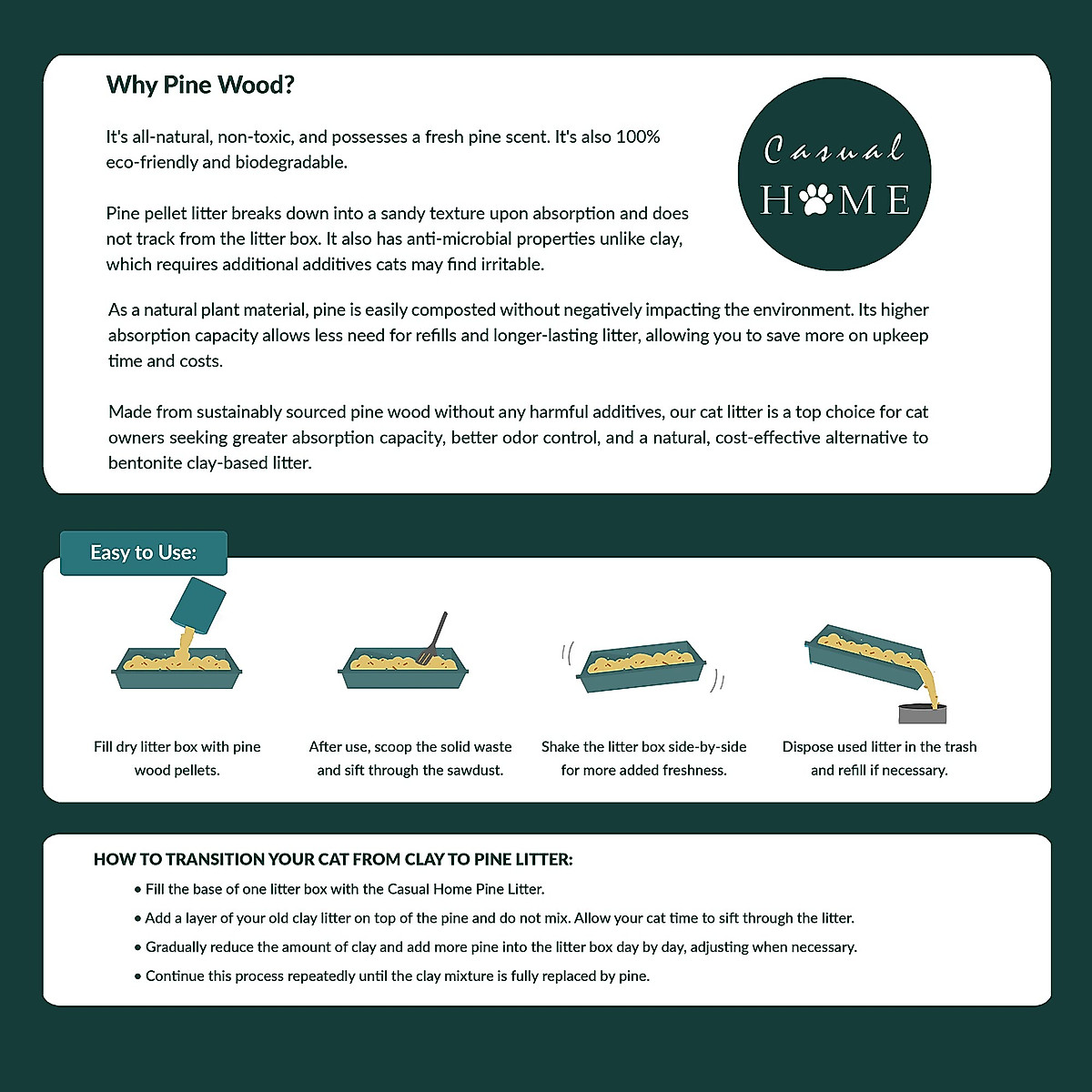 Casual Home 100% Natural Pine Wood Non-Clumping Cat Litter Wood Pellets