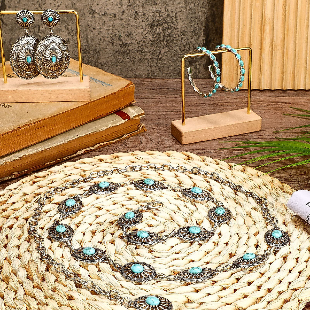 3 Pieces Western Belts for Women Turquoise Chain Belt Turquoise Concho Belts Metal Waist Belts Silver Boho Turquoise Hoop Earrings Western Turquoise Drop Statement Post Earrings Jewelry