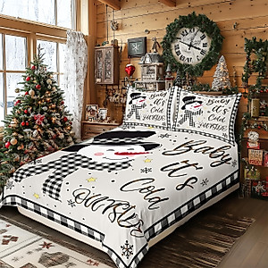 Kids Christmas Snowman Duvet Cover Set King Size,Snowflake Winter Bedding,Girls Boys Adults Home/Xmas Cabin Decor,Geometric Grids Lattice Comforter Cover,Rustic Vintage Quilt Cover,2 Pillowcases