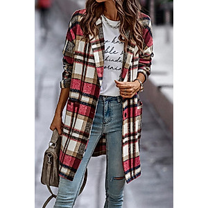 PRETTYGARDEN Women's Plaid Shacket Jacket Trendy Casual Button Wool Blend Winter Tartan Trench Coat with Pockets (Red,Large)