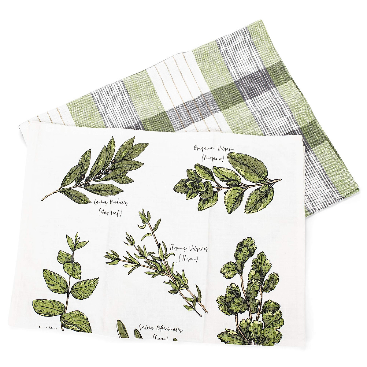 Design Imports Moss Green Plaid Herb 28 x 18 Cotton Decorative Hanging Dishtowel Set 2