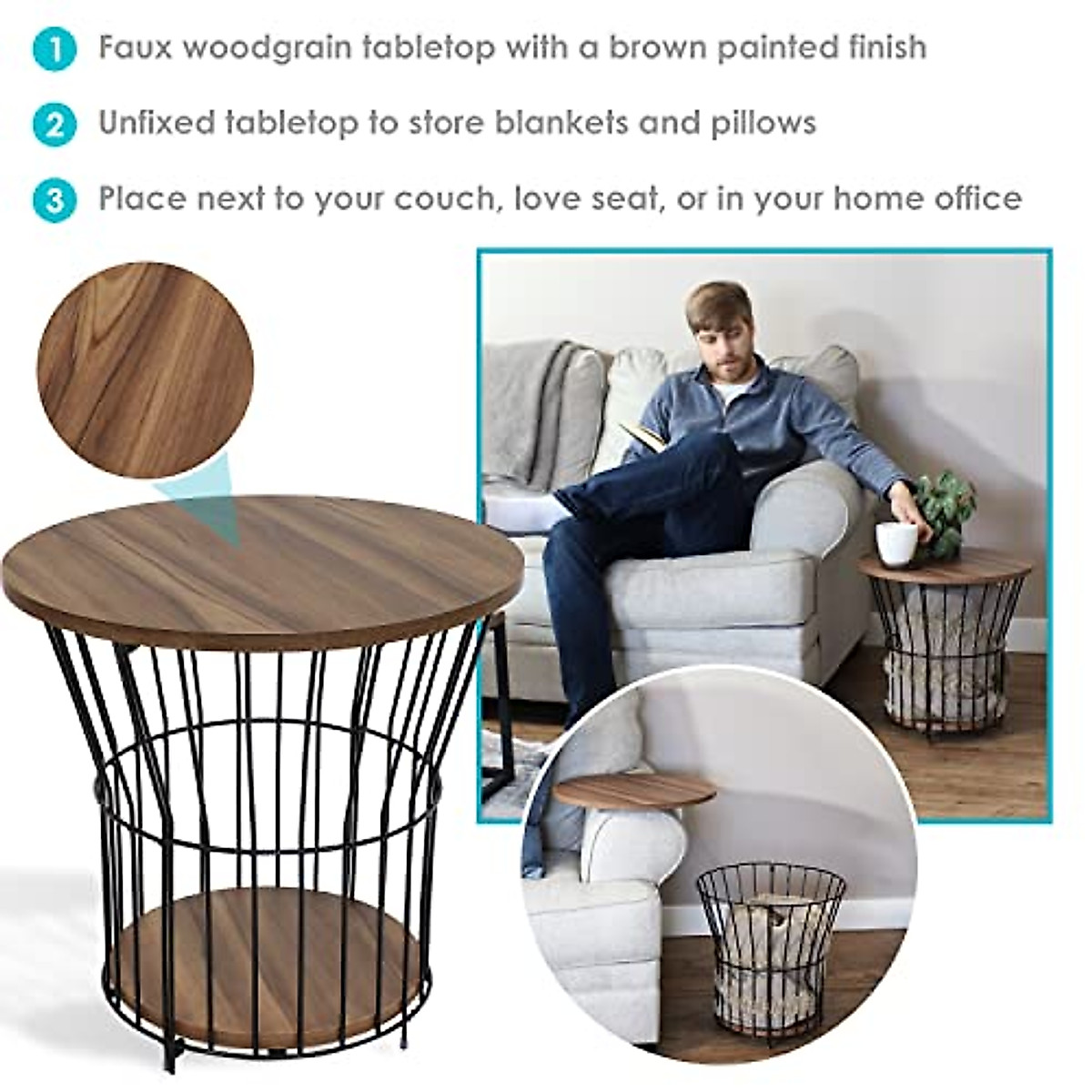 Sunnydaze 17.25-Inch H Modern Pedestal Wire Side Table with Faux Woodgrain Pull-Open Tabletop - Brown