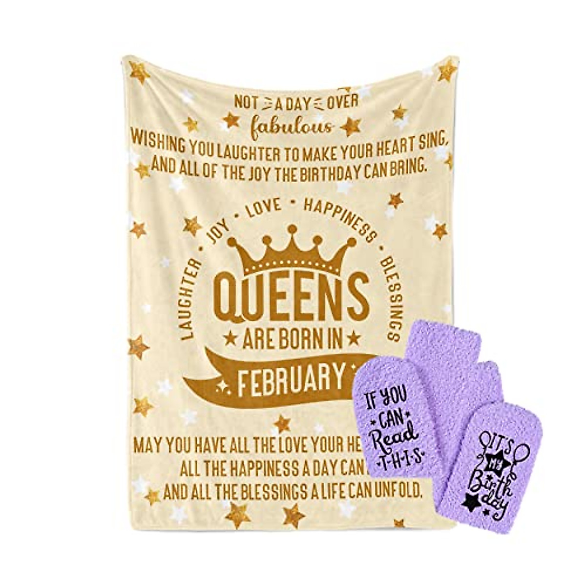 Personalized Birthday Gift Baskets for Her - Women Birthday Gift Ideas, Bday Gift for Women - Queens are Born in February - Flannel Throw Blanket & Socks - Mom, BFFs, Grandma, Aunt - 50"x 65"