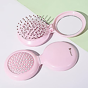 Mini Hair Brush for Purse, Small Portable Pocket Hair Brush with Mirror for Girls, Travel Size, Pink