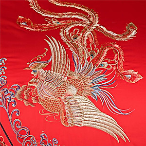 EsyDream Luxury Double Happiness Dragon and Phoenix Bird Embroidery Chinese Wedding Red Bedding Set King Queen Size 100% Cotton Embroider Red Wedding Duvet Bedlinen Sets(Color 1 King,6PC/Set)