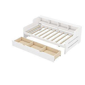 Twin Size Wooden Day Bed Frame for Boys Girls Kids Adults Toddler with 3 Trawers for Guest Room, Small Bedroom, Study Room, White