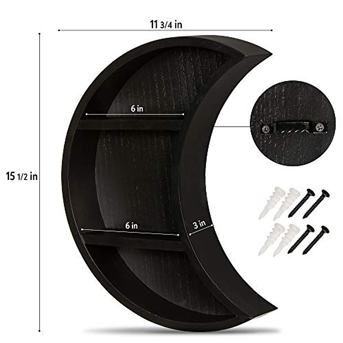 RUSTIX Rustic Black Crescent Moon Shelf - Wall Mounted Hanging Floating Shelves for Essential Oil Display or Crystal Holder - Moon Phase Hippie Celestial Boho Nursery Decor - Gothic Witchy Room Decor