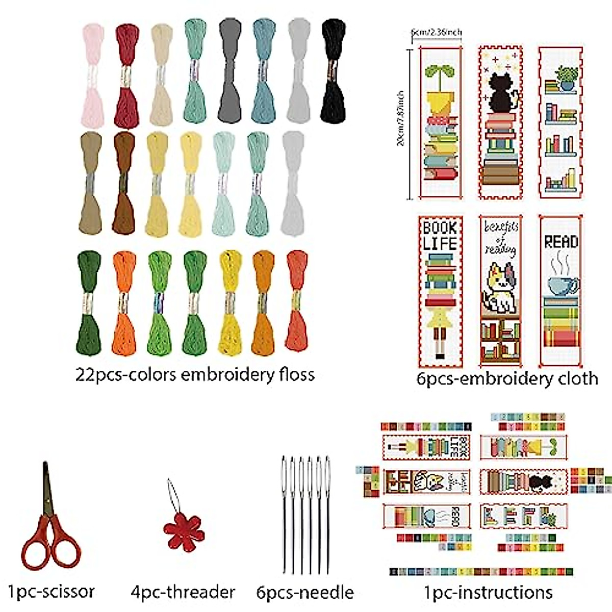 FREEBLOSS 6 Set Cross Stitching Bookmark Cute Stamped Embroidery Bookmark with Instruction Cross Stitch Kits for Adults DIY Bookmark Kit 8''x2.4''