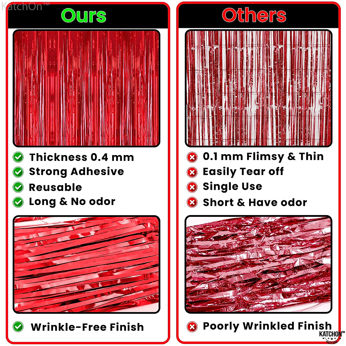 KatchOn, XtraLarge Red Streamers Party Decorations - 3.2x8 Feet, Pack of 2 | Red Christmas Backdrop for Christmas Decorations | Shiny Red Fringe Backdrop | Red Backdrop for Red Party Decorations