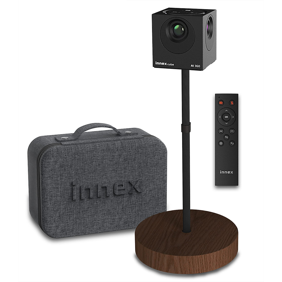 Innex Cube, 360 Degree Wide Angle Conference Camera, multiiple AI Mode, with Dual mics, Adjustable Height for Eye-Level Meeting Experience, 4 Lens Stiching, Flexible ePTZ with Remote, Zoom & Teams