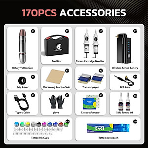 Wireless Tattoo Gun,Solong 1500mAH Wireless Tattoo Machine Kit with 20pcs Different Type Needles Cartridges Tattoo Gun Wireless for Tattoo Artist with Portable Carry Case,Tattoo Aftercare Bandage