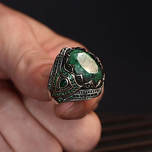 Emerald Stone Men Silver Ring, 925 Sterling Silver Emerald Gemstone Ring, Handmade Engraved Turkish Silver Ring with Natural Emerald Stone gifts for men handmade rings valentines day gifts for him