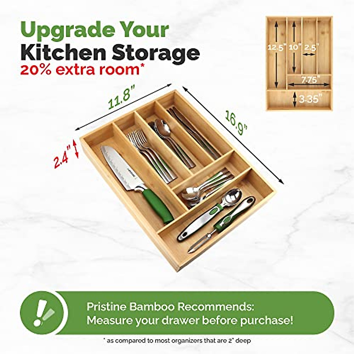 Pristine Bamboo silverware tray organizer– Flatware Utensil Cutlery Silverware Holder for Drawer – Small Extra-Deep Wooden Kitchen Drawer Organizer Divider for Spoons Forks Knives cutleries (6-Slots)