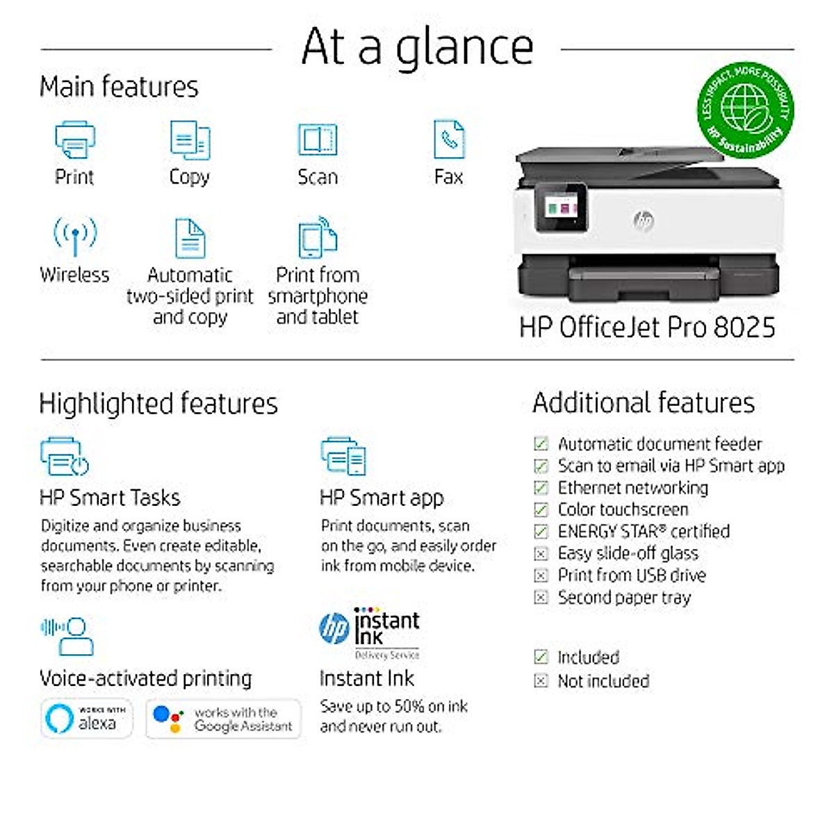 HP OfficeJet Pro 8025 All-in-One Wireless Color Printer, Smart Home Office Productivity, HP Instant Ink, Works with Alexa (1KR57A)