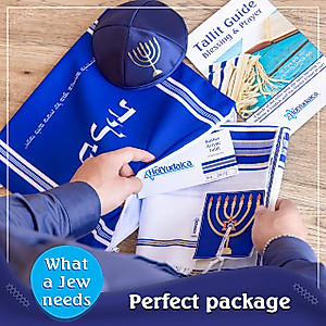 HolYudaica Tallit Prayer Shawl with Matching Bag, Certified Kosher, Kumi Ori 24"x72", Uniq Design on The Attara & Corners, Made in Israel, Soft Acrylic Tallit Prayer Shawl For Men & Women (Blue)