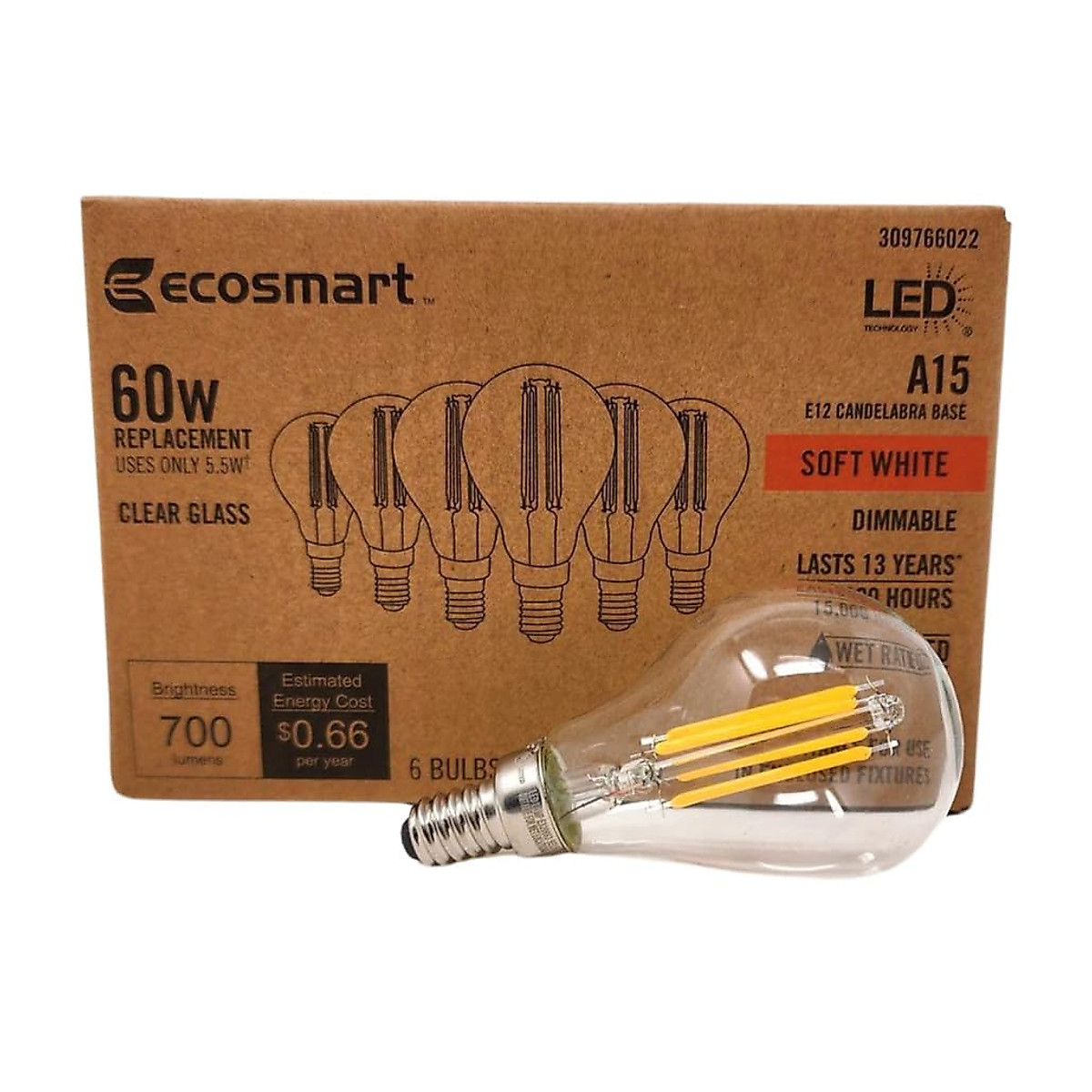 EcoSmart A15 LED Light Bulbs | Clear | Vintage Filament | 700 Lumens | 60W Equivalent | Candelabra E12 Base | Dimmable | Soft White (2700K) | Ideal for Ceiling Fans | 6-Pack