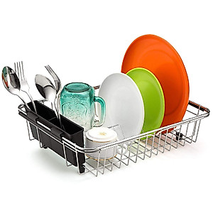 SANNO Plastic Black Utensil Silverware Storage Holder Caddy,Fit Kitchen Sink Drying Rack, Microfiber Dish Mat, Dish Drying Mat