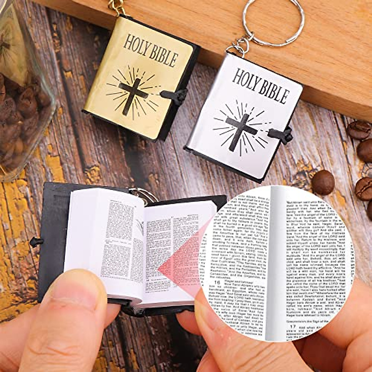Teaaha 12 Pieces Mini Bible Book Keychain Small Holy Miniature Book Keyring Handbag Pendant Religious Key Ring Jesus Keychain Souvenir Christian Present for Church Baptism Souvenir Gifts