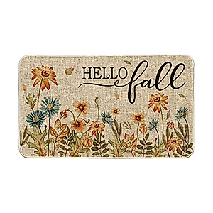 Artoid Mode Hello Fall Wild Flower Decorative Doormat, Autumn Thanksgiving Floral Low-Profile Floor Switch Mat for Indoor Outdoor 17x29 Inch