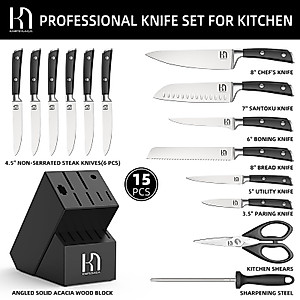 KnifeSaga Kitchen Knife Set, 15 Pcs Knife Block Set, Japanese Knife Sets for Kitchen with Block and Sharpener, Razor-Sharp Premium Knives Sets High Carbon Stainless Steel, Black