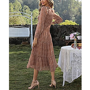 kimralur Womens Casual Long Sleeve Midi Fall Dress Crew Neck Boho Floral Print Smocked Ruffle Tiered Flowy Long Dress