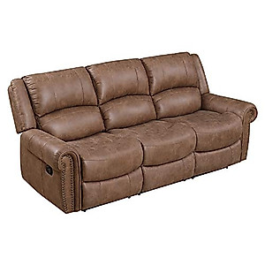 Madrona Burke Nova Brown 87" Sofa with Dual Recliners, Nailhead Trim, and Pillow Back