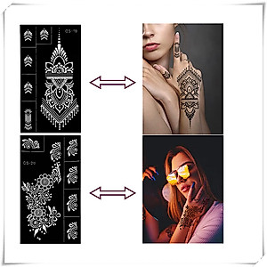 QSTOHENA 9 Sheets Henna Tattoo Stencils kit for Hand Reusable, Mehndi Temporary Tattoo Adhesive Templates Flower stencils for Women Girls Face Body Finger Art Paint