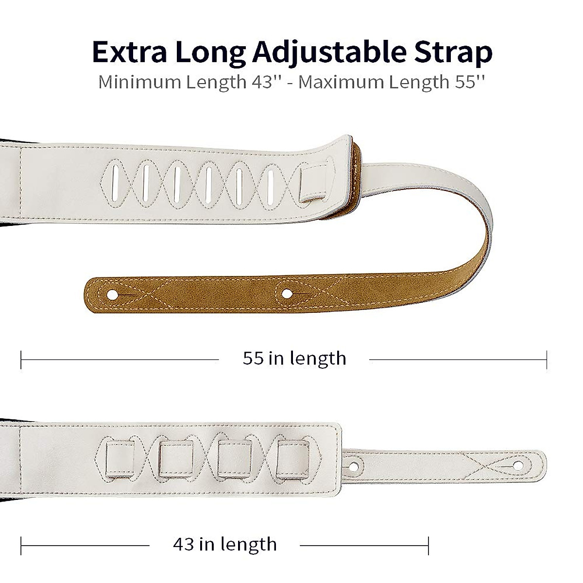 BestSounds Genuine Leather Guitar Strap for Electric & Acoustic Bass Guitar, White Padded Guitar Strap