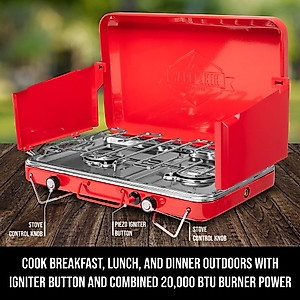 Hike Crew Gas Camping Stove | 20,000 BTU Portable Propane 2 Burner Stovetop | Integrated Igniter & Stainless Steel Drip Tray | Built-in Carrying Handle, Foldable Legs, Wind Panels | Includes Regulator