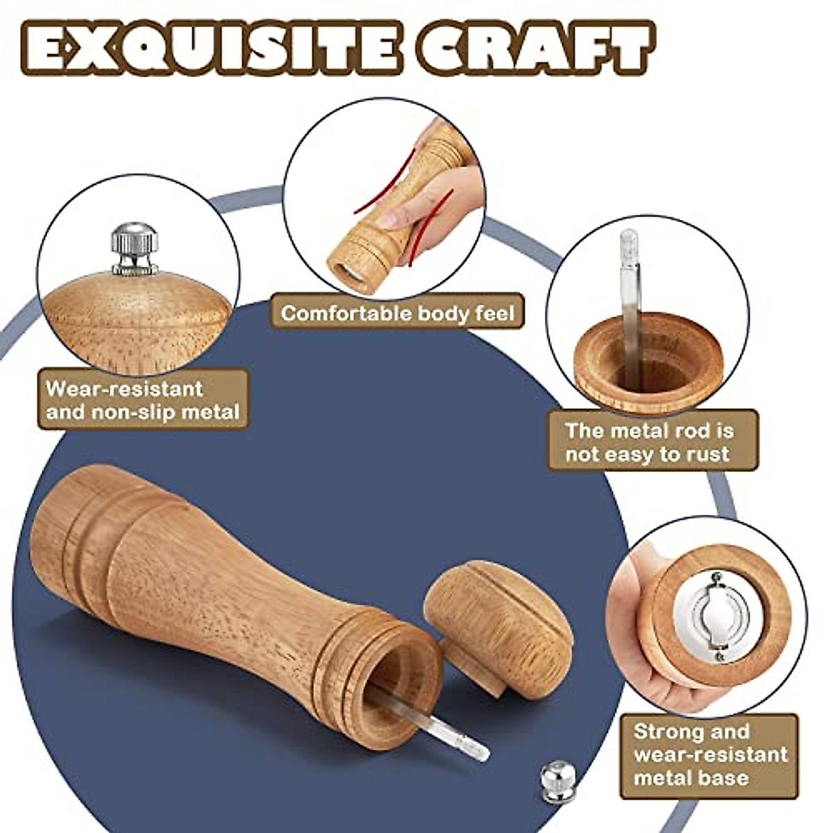 Refillable 8In Pepper Mills, HaSteeL Wooden Salt and Pepper Grinder Set with Adjustable Ceramic Rotor, Manual Spicy Shaker Grinding for Kitchen Restaurant Barbecue, 2 Grinders & Brush