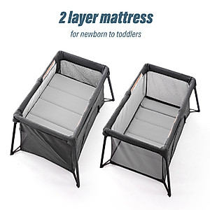 Travel Crib,3 in 1 Portable Crib for Baby, Lightweight Pack and Play for Babies and Toddler, Foldable Travel Baby Playpen with Comfortable Mattress and Carry Bag(Dark Grey)