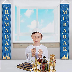 HONGFENG Ramadan Mubarak Porch Sign,Eid Mubarak Banner Indoor Outdoor Front Door Hanging Sign for Ramadan Mubarak Party Decoration (Blue)