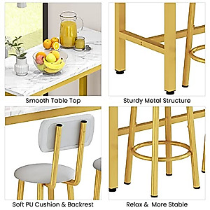 AWQM Bar Table Set of 2,39.3" Faux Marble Table Top & 2 PU Upholstered Stools with Backrest,3 Piece Industrial Pub Height Table Set,for Living Room,Kitchen,Bar,White & Gold & Grey