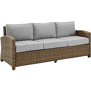 Crosley Furniture Bradenton Wicker Outdoor Sofa, 3-Person Patio Couch for Porch, Deck, Backyard, Brown with Gray Cushions