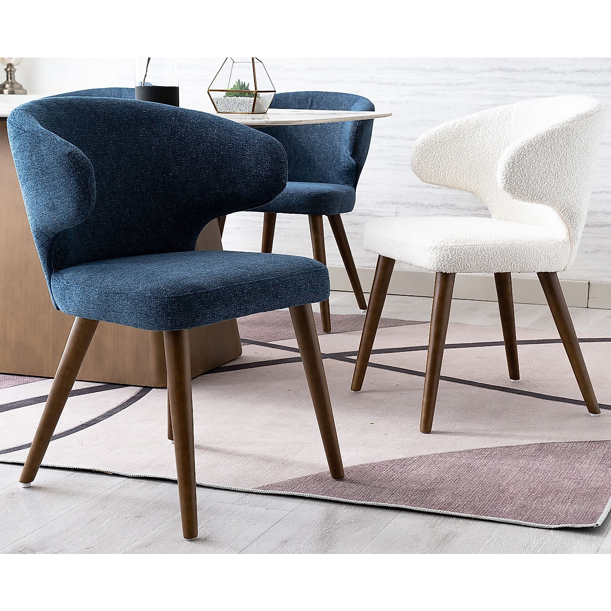 VESCASA Sherpa Modern Dining Chairs with Wood Legs, Upholstered Curved Back Side Chairs for Dining Room/Living Room, Set of 2, White