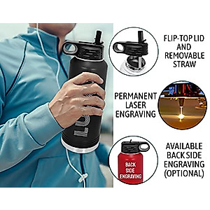 Polar Camel Personalized Water Bottles 40oz with Flip-Top Lid and Straw,Vacuum Insulated Flask, Stainless Steel Sports Double Wall Thermos, Your Logo Name Text Engraved in USA (Black, 40 oz.)