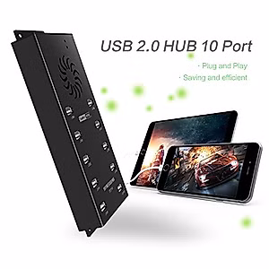 USB Hub, Sipolar 10-Port Powered USB Data Hub with LED Indication Multiple USB Port Hub Splitter with 12V 10A Power Adapter, Cooling Fan and Mounting Brackets