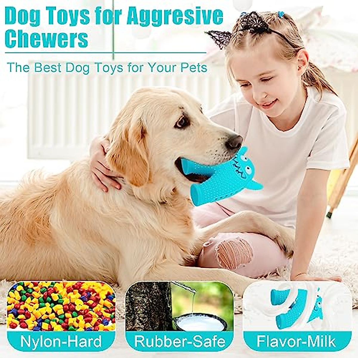 MADDEMCUTE Squeaky Dog Toys for Aggressive Chewers,Durable Interactive Dog Chew Toy for Small Dogs,Natural Rubber Teeth Cleaning Puppy Treat Toys(Blue)