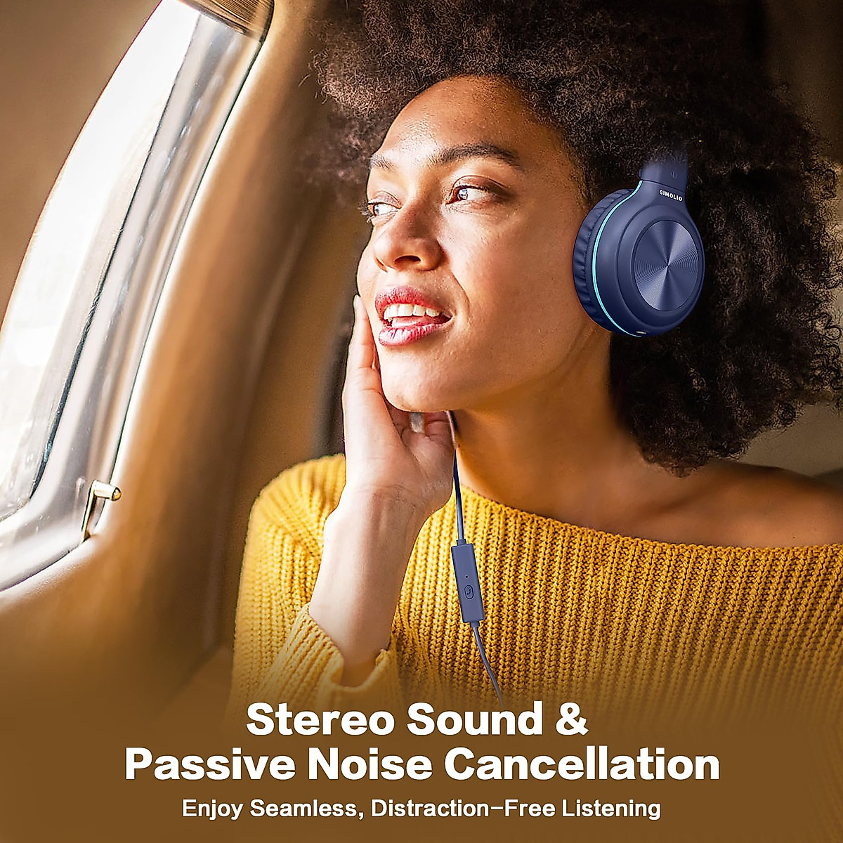 SIMOLIO Wired Kids Headphones for School with Microphone, Volume Limiting & Noise Cancelling PC Headset with Cord, Plug in Headphones for Tablet, Headphones with Cord for Laptop (Navy Blue)