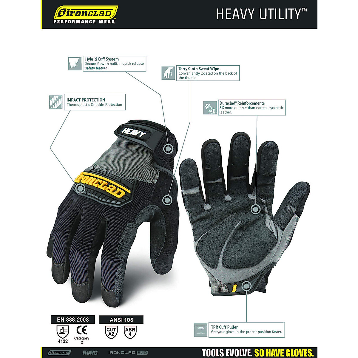 Ironclad Heavy Utility Work Gloves HUG, High Abrasion Resistance, Performance Fit, Durable, Machine Washable, (1 Pair), LARGE, Black & Grey