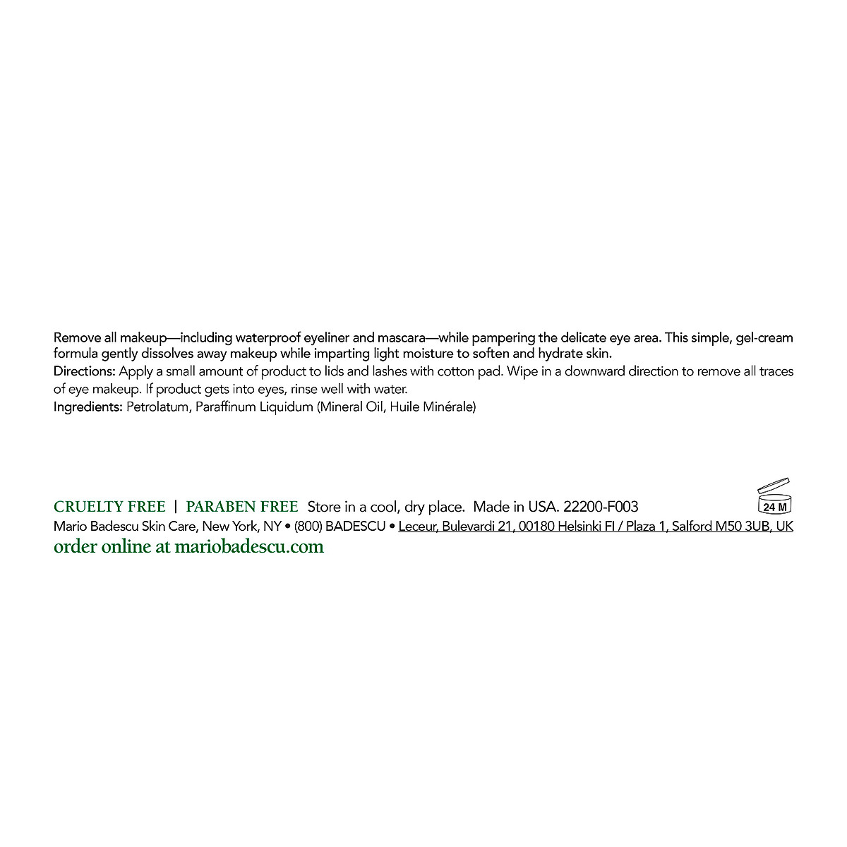 Mario Badescu Eye Makeup Remover Cream - Gentle, Non-Irritating Gel-Cream Waterproof Liner and Mascara Remover - Safe for Contact Lens Wearer - Vegan Skin Care Makeup Cleanser, 4 Oz