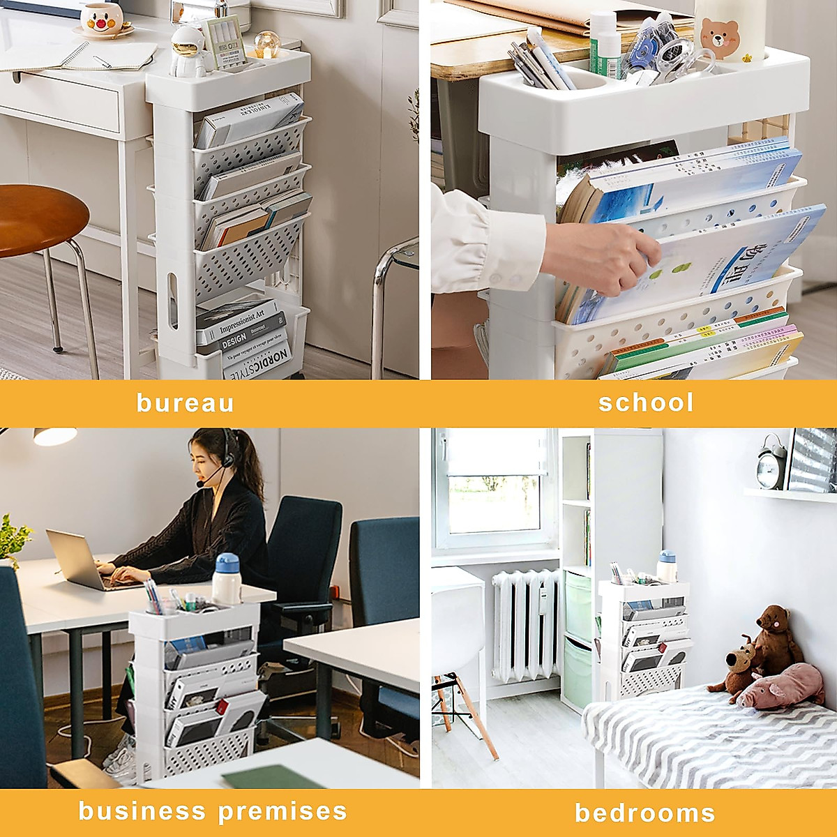 Albnegru 5-Tier Mobile Bookshelf with Wheels, Slim Rolling Storage Cart Movable Bookshelf File Storage with Pen Holder for Home, Office, and School Storage