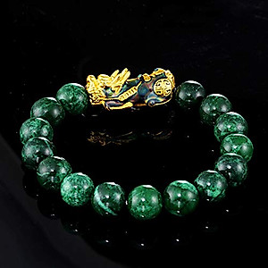 2pcs Pixiu Green Jade Natural Stone Change Color Elastic&Braided String Rope Bracelet Brave Troops Lucky Wealth Bracelet for Women Men Gift-Set 1