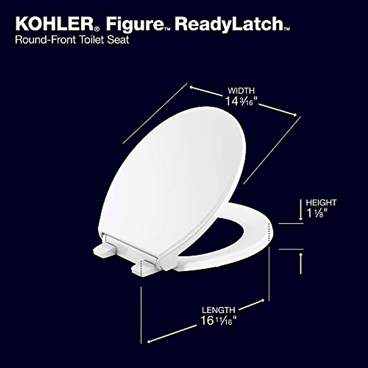 KOHLER 24294-0 Figure ReadyLatch Round-Front Toilet Seat, Quiet-Close Lid and Seat, Countoured Seat, Grip-Tight Bumpers and Installation Hardware, White
