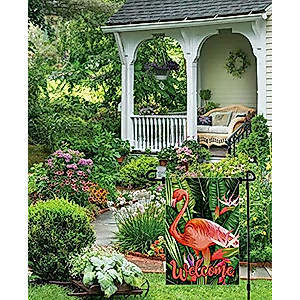 Flamingo Welcome Garden Flag, Flamingo and Banana Leaf Garden Flag, Summer Tropical Theme Party Yard Sign Lawn Sign, 12 x 18 Inch Double Side Home Decor