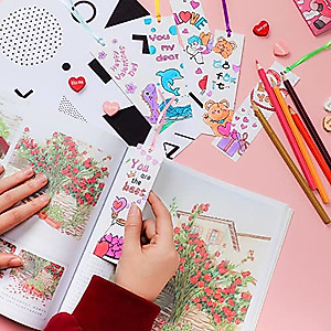 108 Pieces Valentine's Day DIY Bookmarks Heart Rose Bear Coloring Paper Bookmarks Happy Valentine's Day Book Marks for Kid Be Mine You Are So Cool Book Decorations for Valentine's Day Party Book Decor